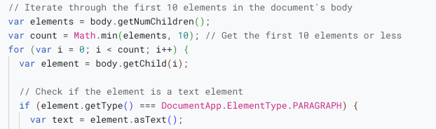 Google Apps Script to retrieve the font style properties of the first 10 elements in a Google ...
