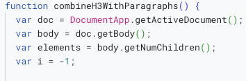 Google Apps Script to combine paragraph content with a heading H3 in a Google Docs document ...
