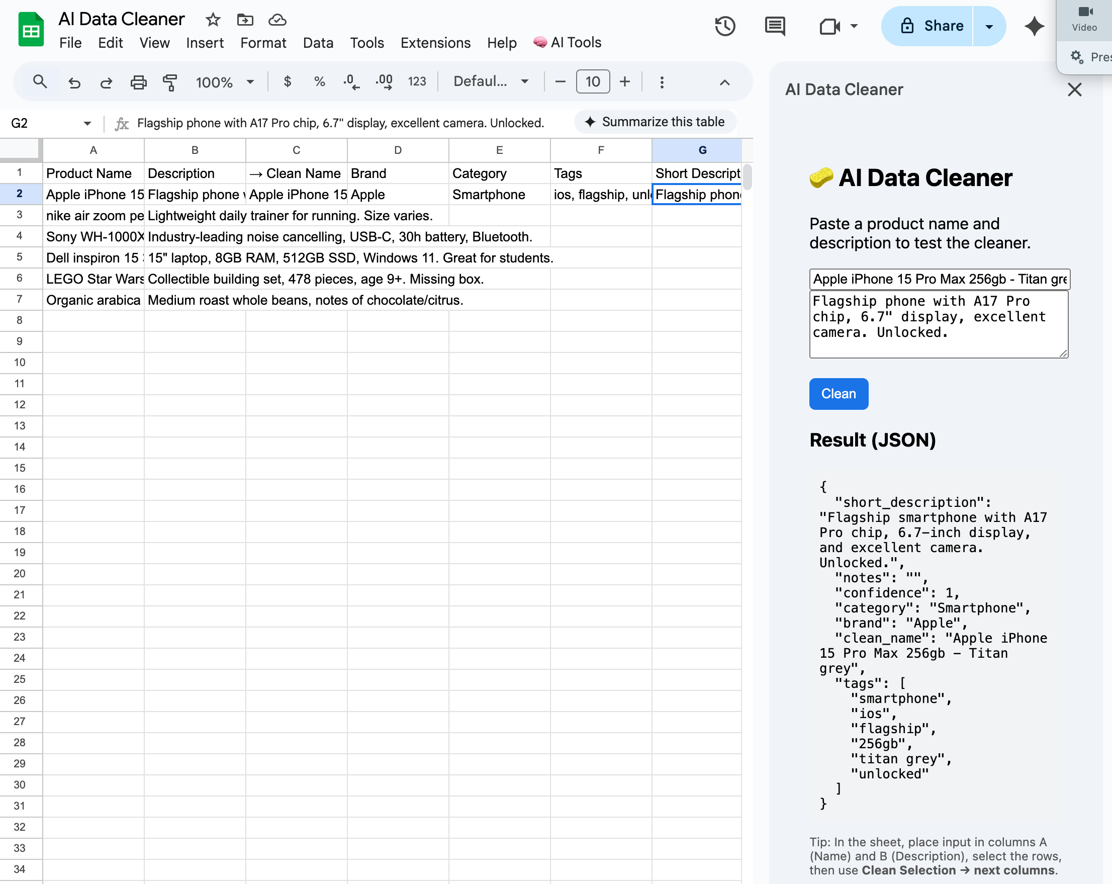 Exercise 8 AI Data Cleaner and Categorizer with Google Sheets + Gemini – Coding Help Tips ...